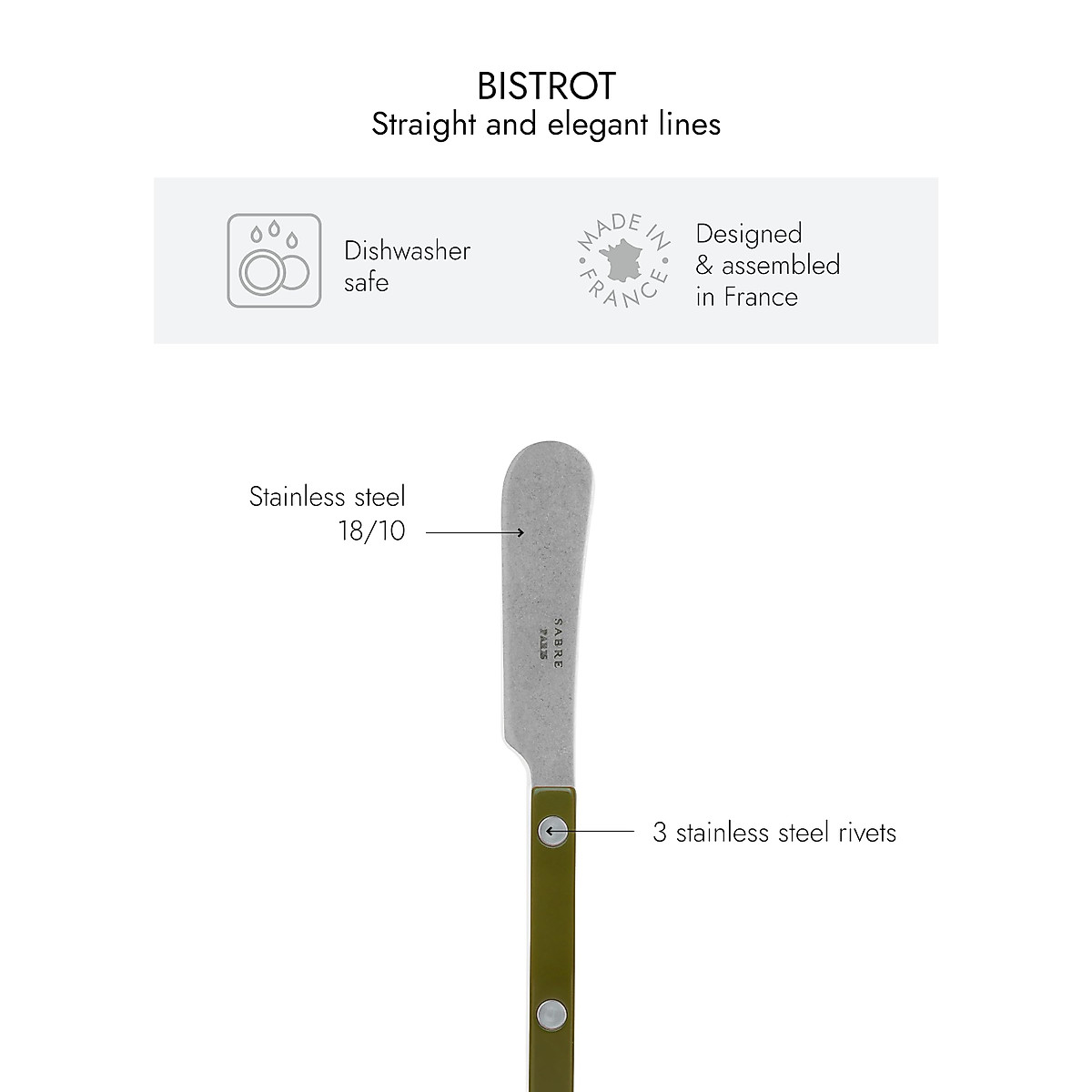 Sabre Paris - Set of 2 Spreader Knives 5.5 inches - Bistrot Vintage Collection - Perfect for Butter, Tapenades, Spreads - Stainless Steel & Nylon - Dishwasher Safe - Fern Green - Mat Finish