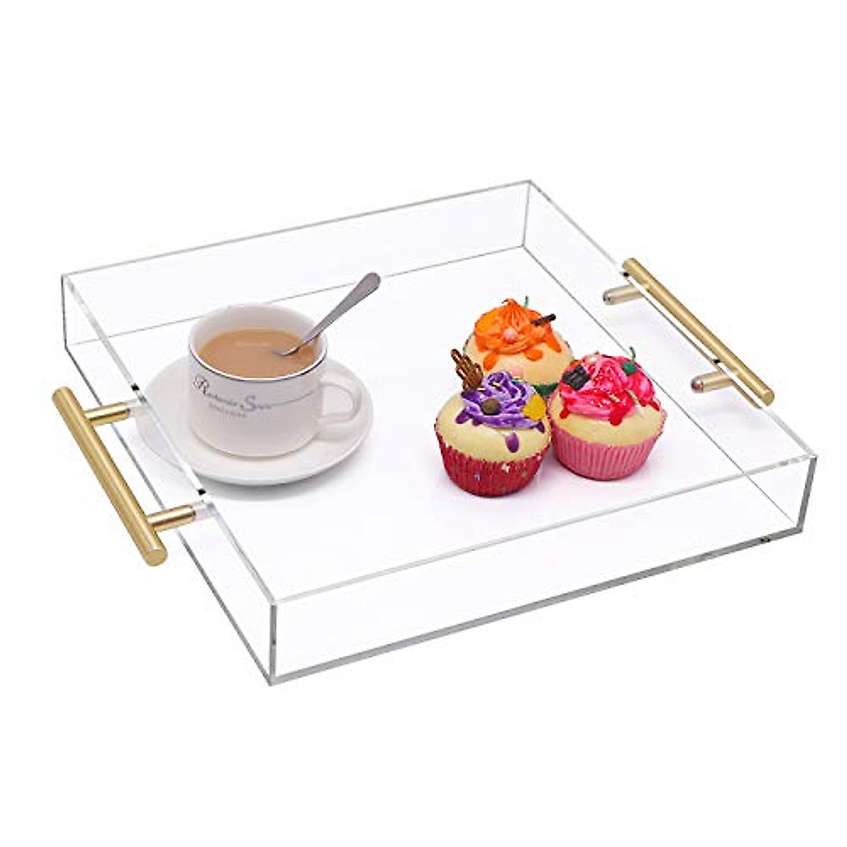 12x12 Clear Acrylic Serving Tray with Gold Handle, Clear Square Plastic Serving Tray Food Serving Tray for Breakfast Coffee Bread Kitchen Home Decor(12x12 inches)