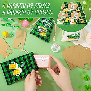 20 Pieces St Patrick's Day Party Favor Bags with Drawstring 4 x 6 Inches Lucky Shamrock Cotton Candy Pouch Sacks Irish Gift Plaid Treat Bag with 20 Tags for Saint Patrick's Day Irish Party Supplies