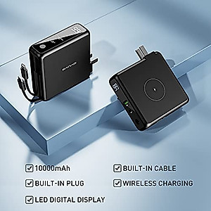 Sanag Portable Charger Power Bank Fast Charging Wireless USB C Wall Charger 10000 mAh for Cell Phones Powerbank with 4 Outputs 2 Inputs LED Display Built-in Wall Plug and Cables