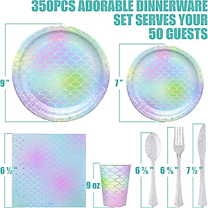 Tiblue Mermaid Party Supplies - 350PCS Disposable Dinnerware with Mermaid Paper Plates Napkin Cups Gold Plastic Fork Knives Spoon for Girls Birthday Baby Shower Ocean Theme Summer Graduation Party