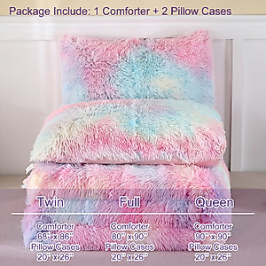 WINLIFE Faux Fur Comforter Set Twin Size for Girls Bedding Plush Shaggy Comforter Sets Gradient Ombre Tie Dye Bed Set Fuzzy Furry Long Hair Fluffy Comforter (3Pcs, Twin, Rainbow)
