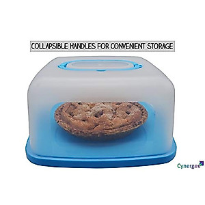 Cynergee Square Portable Cake, Pie, Cupcake, Muffin Carrier with Locking Lid and Collapsible Handles, Includes 50 All Occasion Paper Cupcake Liners, Blue