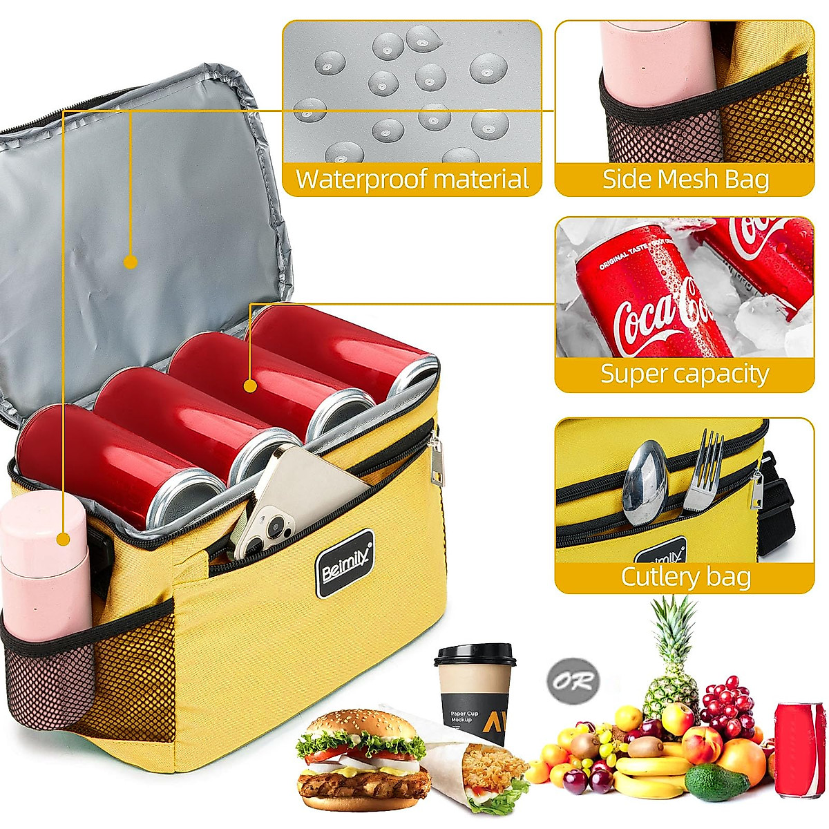 BEIMILY 2 Pack Insulated Lunch Bag Women Men,small Soft cooler Hand bags,Lunch Bag for Work,Leakproof Reusable Insulated Cooler Lunchbox with Adjustable Shoulder Strap(blackish green+yellow)