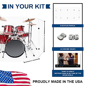 PENNZONI Drum Shield 5ft w/Chrome Hinges, Comes w/ 6 Drum Panels, & Chrome Hinges, Premium Clear Acrylic Panels, Drum Screen