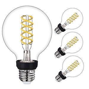 G25 LED Globe Light Bulbs, 4 Pack, Neutral 4000K, 6W Equivalent to 60W, 600LM, Dimmable with 80+ CRI, E26 Base, Clear Glass, Antique Flexible Spiral LED Filament Light Bulb, Vintage LED Edison Bulb