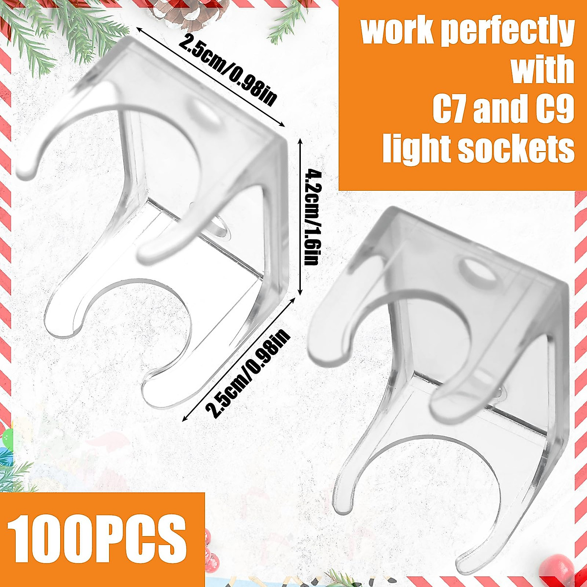 VIHOSE 100 Pcs Christmas Light Clips Clear Lighting Outlet Combo C Clips Waterproof Outside Gutter Clip Hooks Seasonal String Light Hooks for C9 or C7 Light Socket on Home Stair Christmas Decoration