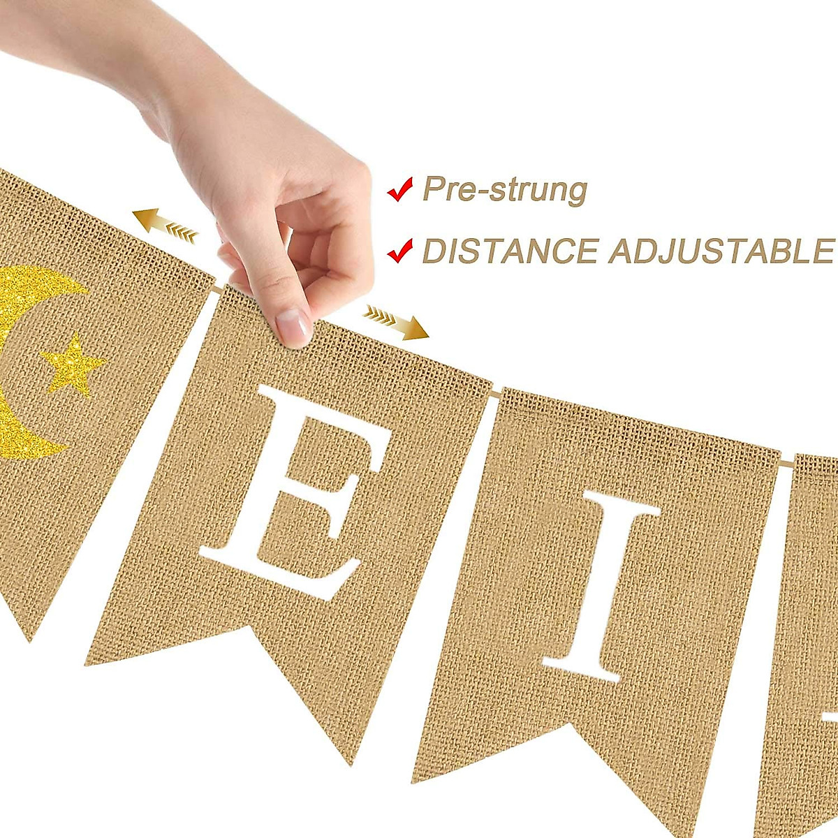 Jute Burlap Eid Mubarak Banner with Moon and Star Ramadan Home Mantel Fireplace Decoration