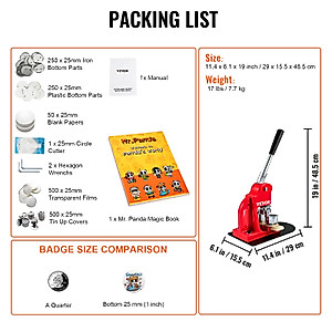 VEVOR Button Maker Machine, 25mm (1 inch) Badge Punch Press Kit, Children DIY Gifts Pin Maker, Button Making Supplies with 500pcs Button Parts & Circle Cutter & Magic Book