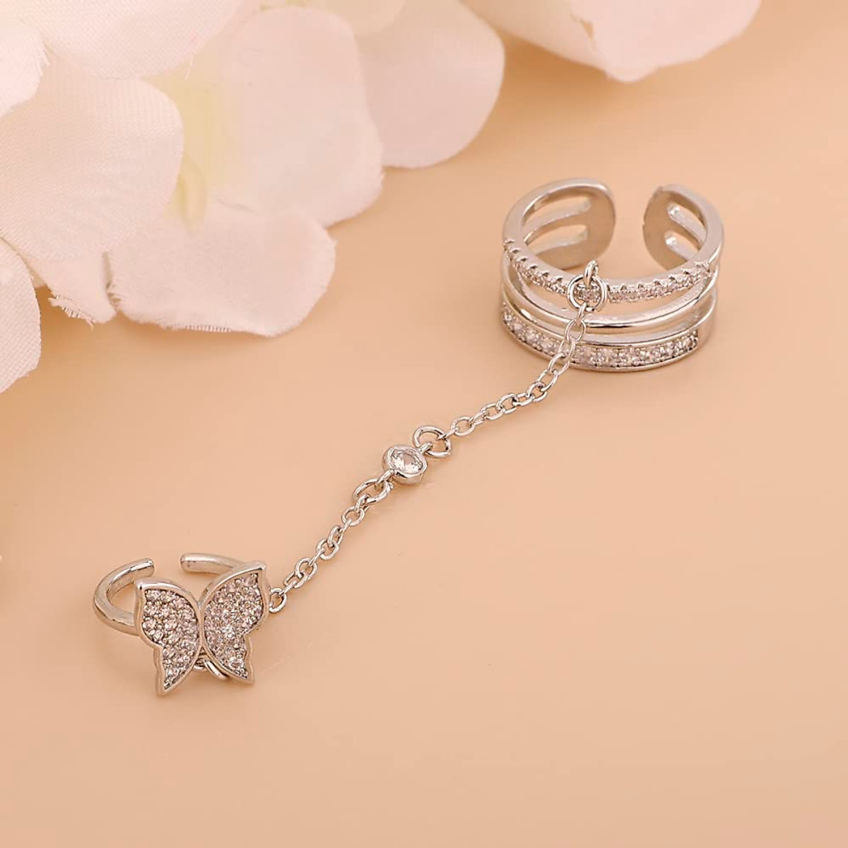 Xerling Delicate Butterfly Statement Rings for Women Bling Crystal Rhinestones Finger Ring for Teen Girls with Chain Tassel Finger Tip Rings Aesthetic Nail Rings (Type B)