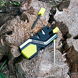 SHARPAL 101N-G Kitchen Pocket Knife Sharpener Survival Camping Tool with 2 Fire Starters Ferro Rod, Whistle & Diamond Sharpening Rod for Straight and Serrated Blade