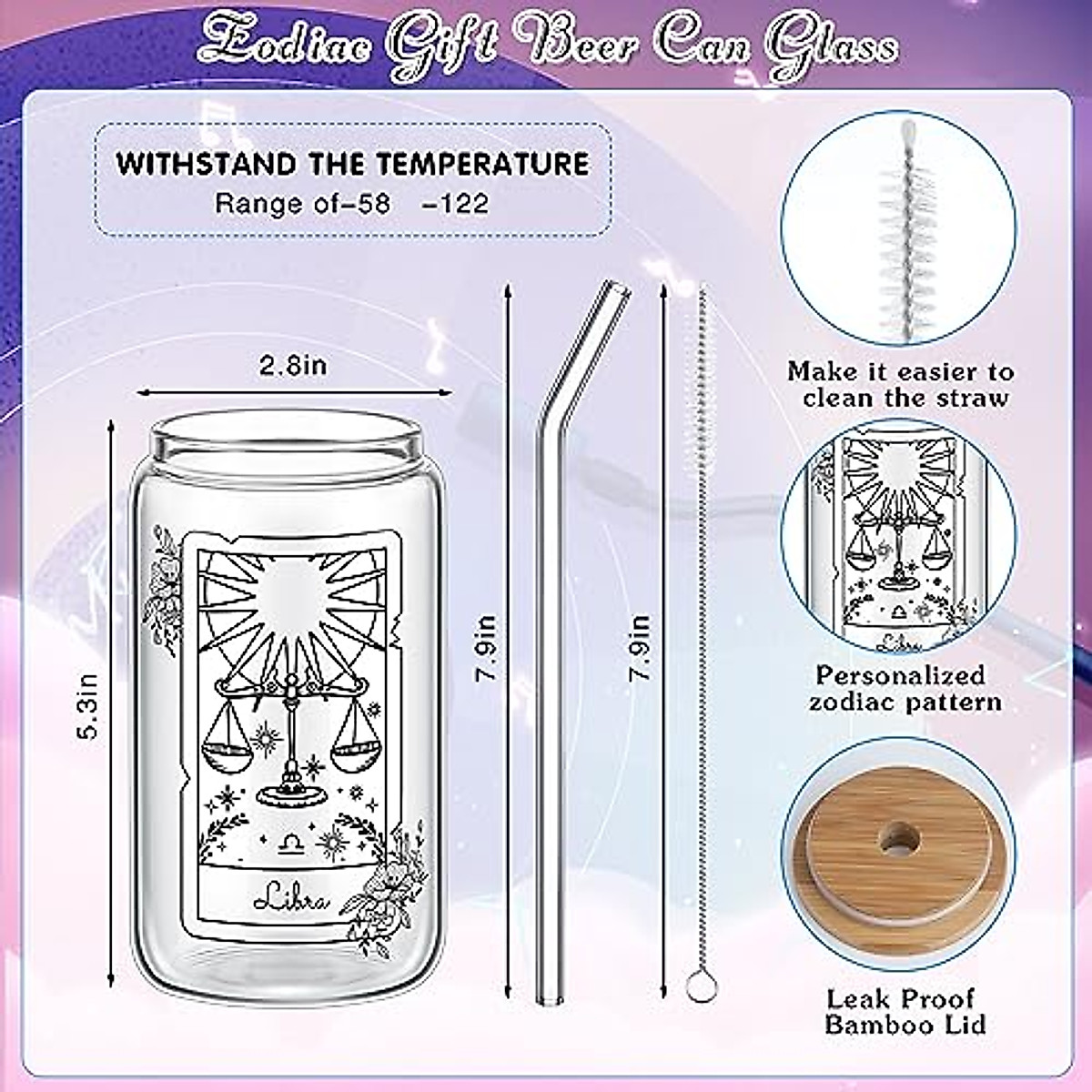 Uiifan 16 oz Zodiac Iced Coffee Glasses Beer Can Shaped Drinking Glasses Glass Cups with Lids and Straws Cleaning Brush Cute Drinking Jars Zodiac Gifts for Women Men Tea Soda (Libra Style)