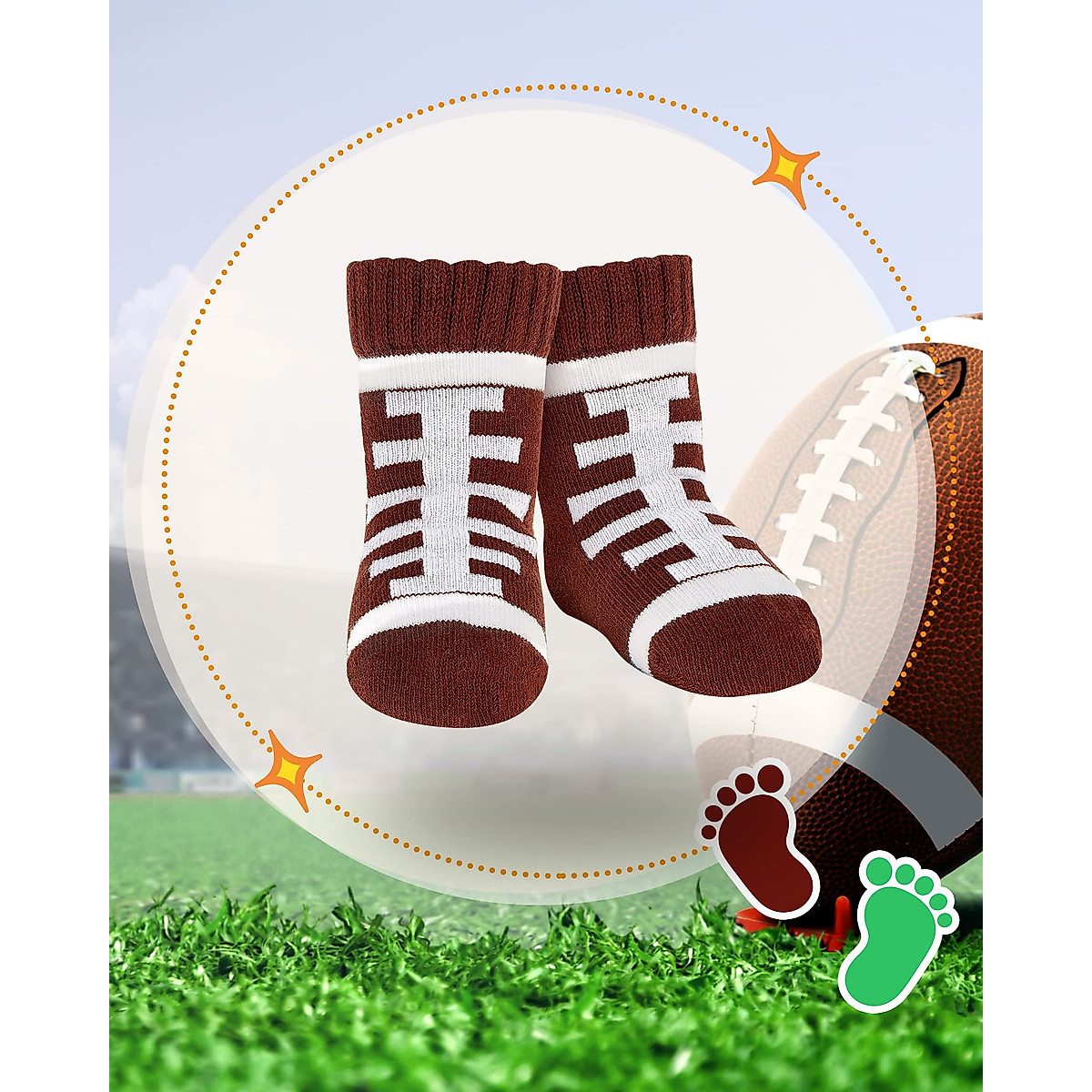 Hicarer Baby Football Outfit 6 Pairs Baby Boy Football Socks Newborn Touchdown Football Socks Infant Toddler Socks Toddler Ankle Socks for 0-12 Months Boys