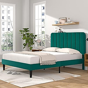 VECELO Queen Size Bed Frame with Adjustable Headboard, Velvet Heavy Duty Platform Beds with Strong Wood Slats Support, No Box Spring Needed, Green