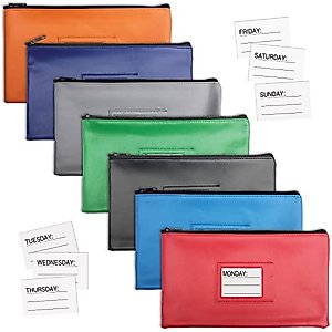 7 Pack, 7 days Zipper Security Bank Deposit Bag, Clear Window & 14 Insert Cards (Mon - Sun + Blank), by Better Office Products, Leatherette, 11.25" x 6.25", Cash Bag, Utility Pouch, Assorted 7 Colors