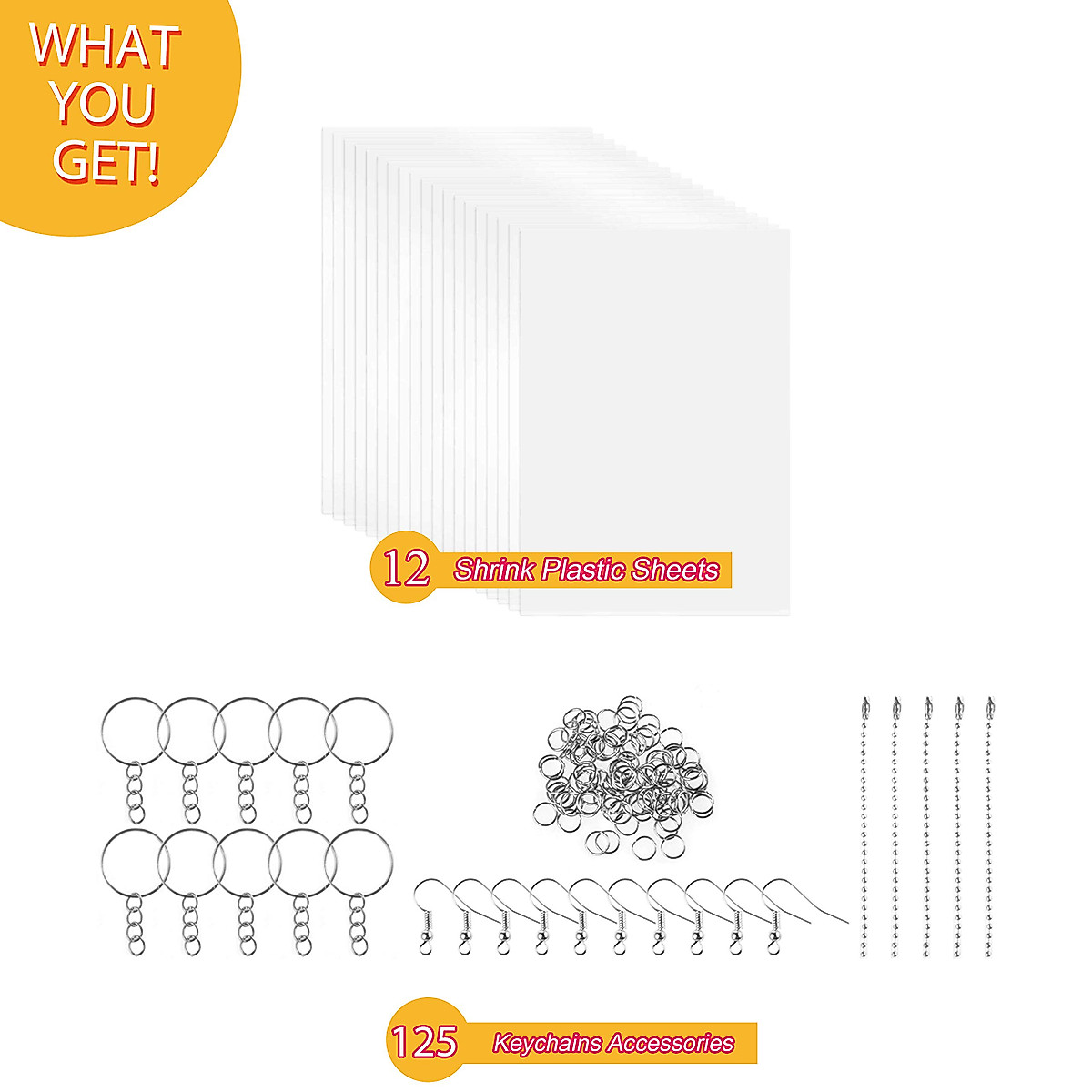 Rawskro 137 Pieces Shrink Plastic Sheet Kit Include 12 PCS Shrinky Art Paper with 125 PCS Keychains Accessories,Create Your Own Shinky Dinks, Earrings, Necklace, Keychains (A5 Size)