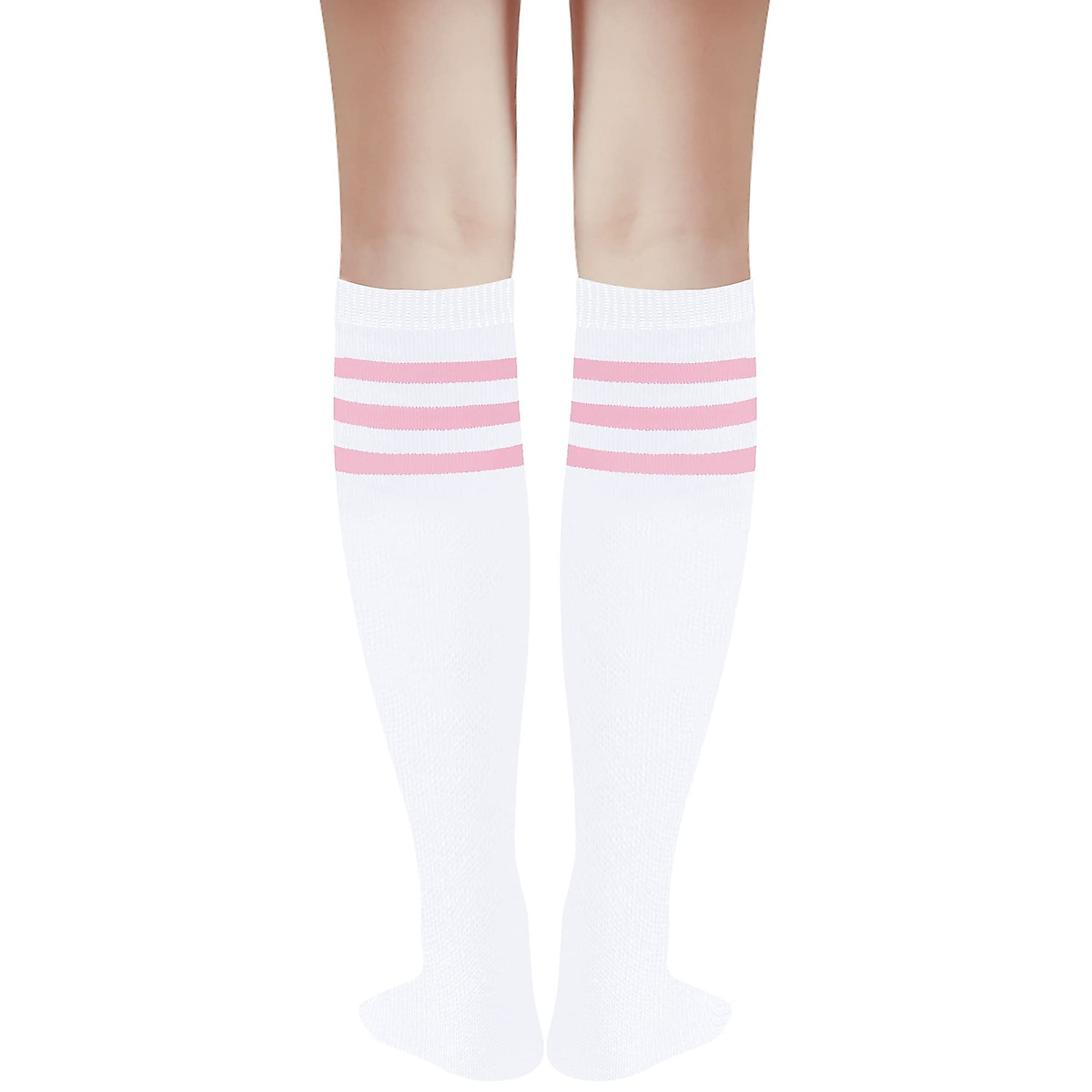 DOOVID Knee High Socks for Women Tube Socks Elasticity Athletic Socks Stripe Knee High Stockings Casual Socks White Pink One Size