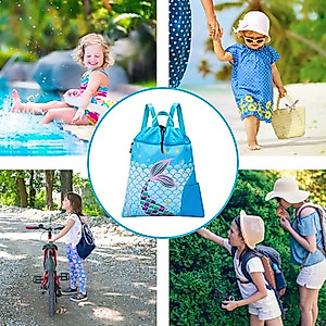 WAWSAM Mermaid Gym Drawstring Backpack - 15” × 17” Sports Gym Bag for Girls Kids Waterproof Swimming Beach Sackpack Birthday Christmas Gift with Zippered Pocket and Water Bottle Pocket