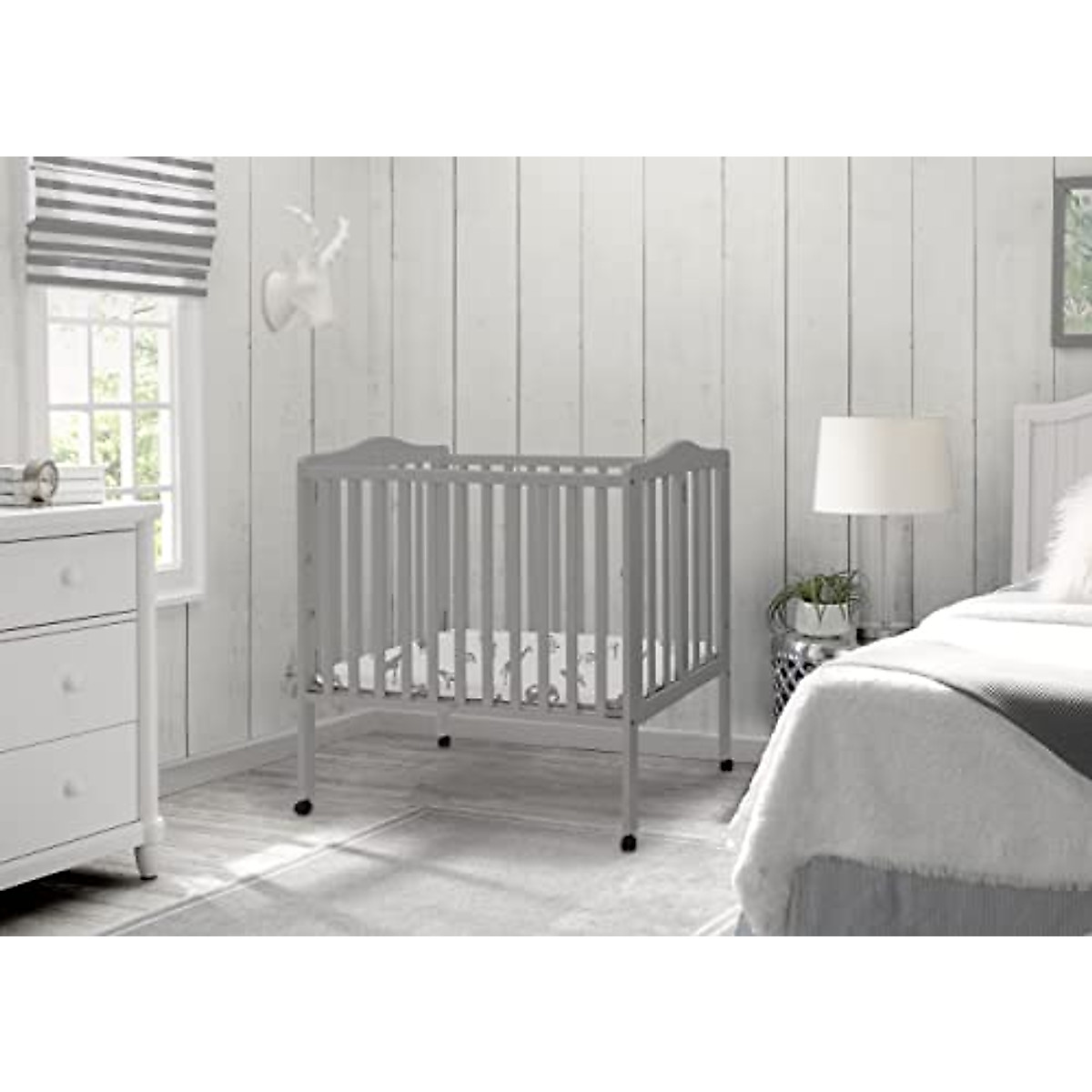 Delta Children Folding Portable Mini Baby Crib with 1.5-inch Mattress - Greenguard Gold Certified, Grey