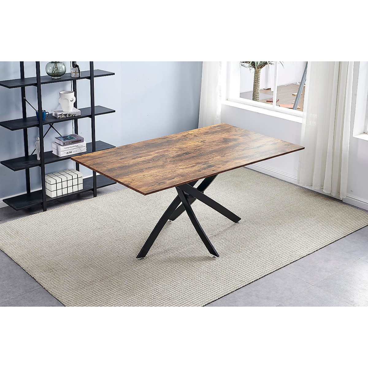 Mid-Century Dining Table for 6 People,63" Dining Room Table,Farmhouse Kitchen Table with Walnut Printed Wooden Table,Modern Dining Room Table with Black Metal Legs