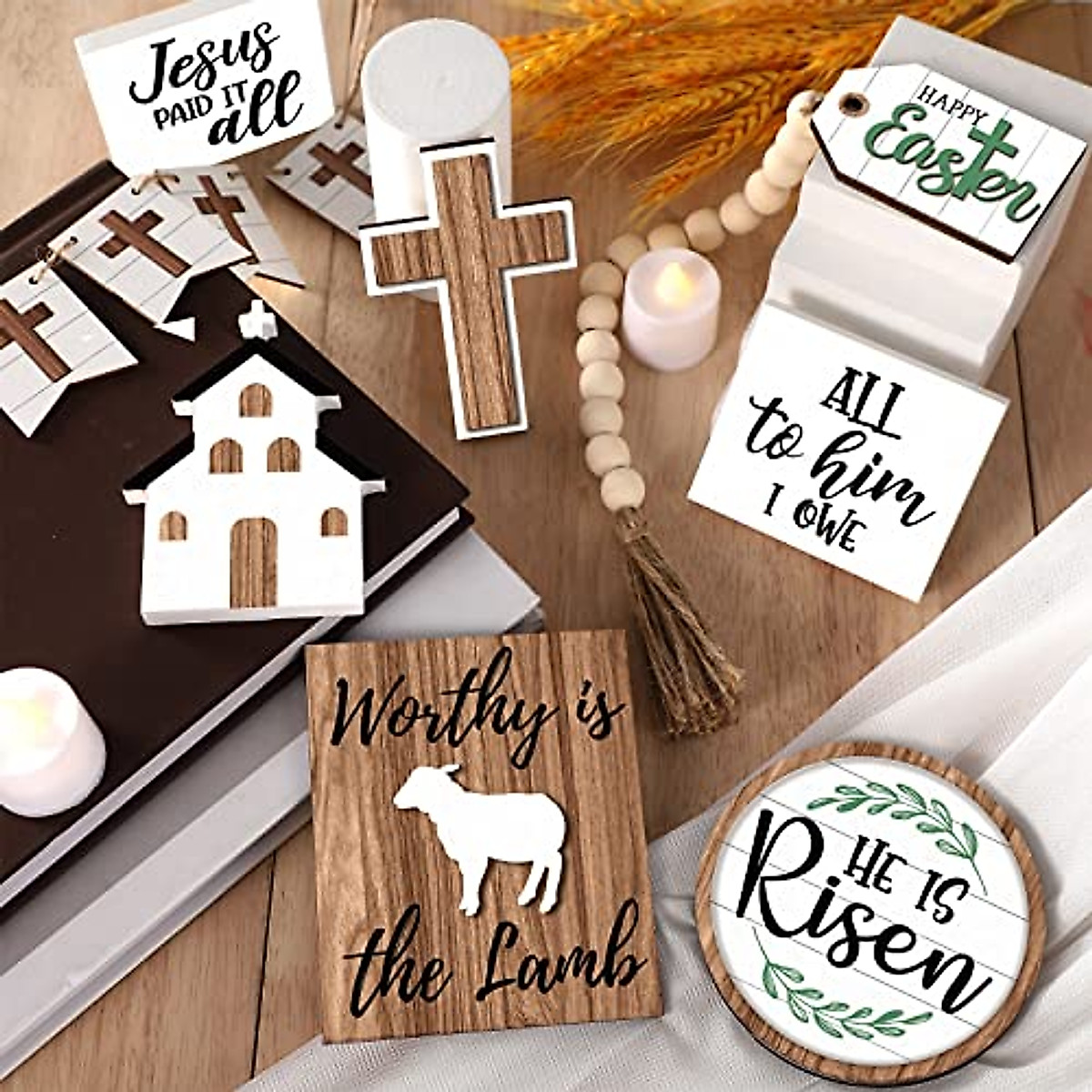 15 Pcs Easter Tiered Tray Decor Set, Table Top Decor Farmhouse Wooden Block Signs Wood Cross Decor with LED String Lights for Easter Home Kitchen Decorations