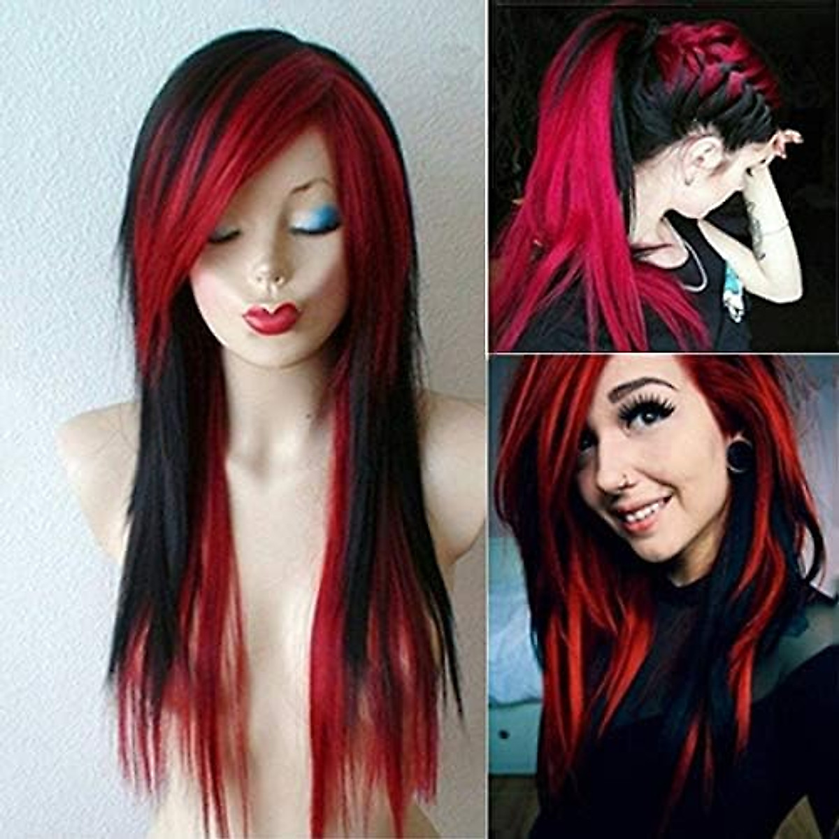 Baruisi Long Red Black Wig Silky Straight Synthetic Heat Resistant Side Bangs Halloween Costume Hair Wigs for Women