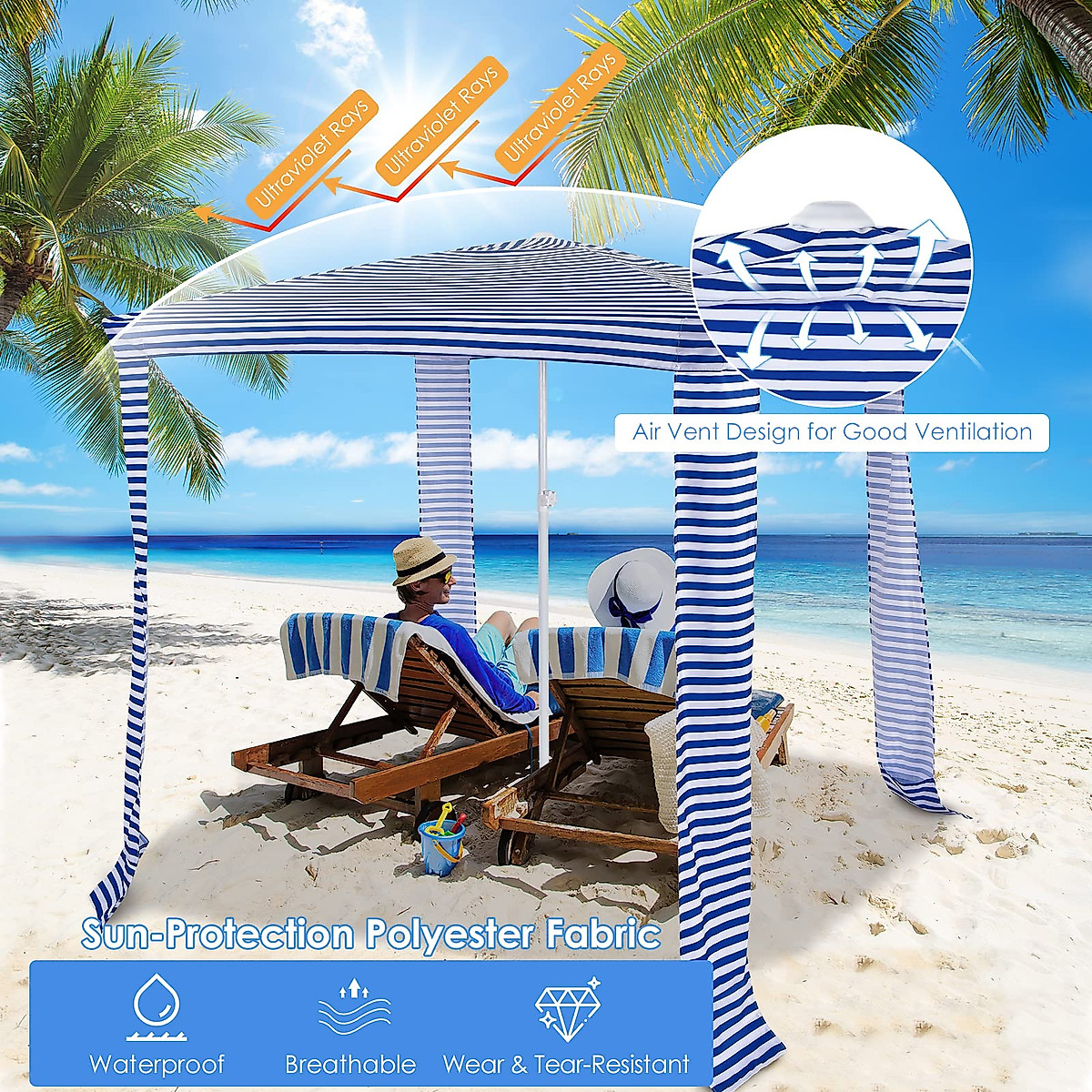 Tangkula 6.7'x6.8' Foldable Beach Cabana, Easy Set-up Portable Beach Tent with Carry Bag, Detachable Side Wall, 4 Sandbags, Wind Vent, Sun-Protection Outdoor Beach Umbrella Shelter for Family