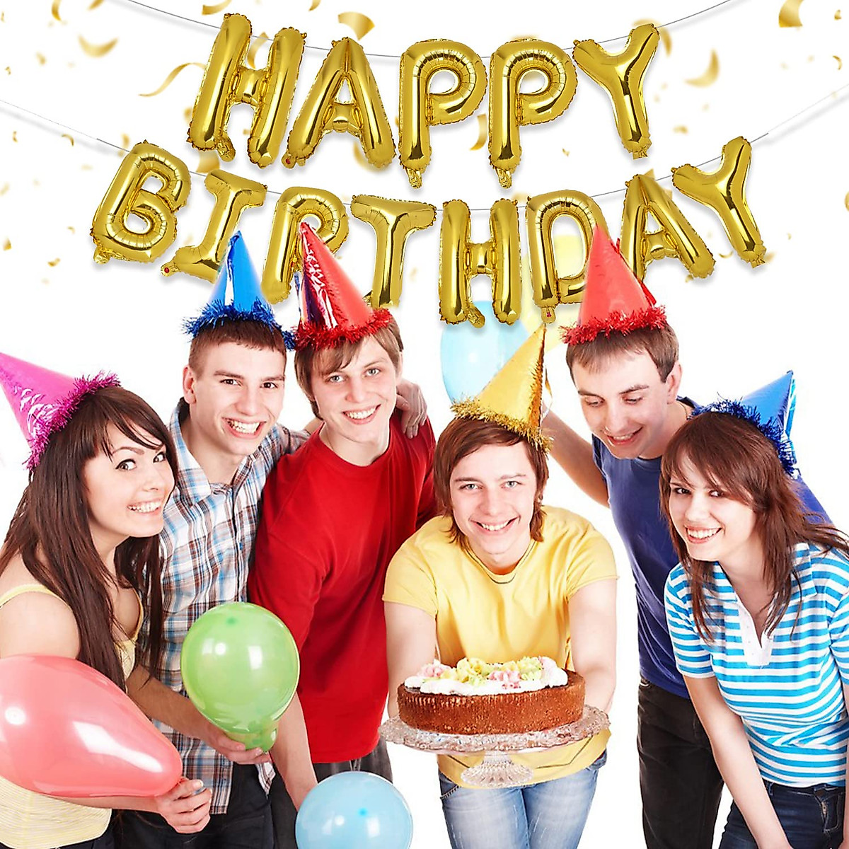 PIGETALE Gold Happy Birthday Banner, 16 Inch Mylar Foil Letters Birthday Sign Banner Balloon Reusable Inflatable Party Decor and Event Decorations for Kids Boys Men Adults Ecofriendly Party Supplies