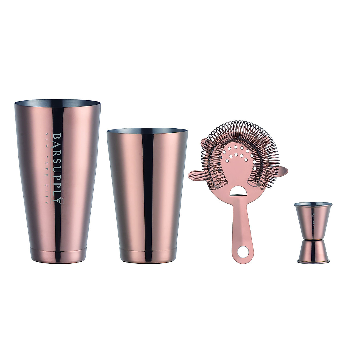 Professional Boston Cocktail Shaker Set | 4-Piece Bar Set | Stainless Steel 304 | 28oz/18oz Weighted Shaker Tins | Hawthorne Strainer | Double Sided Jigger | Recipe Booklet | Bartender Kit (Copper)