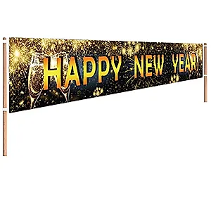 Large Happy New Year Banner New Year Party Decoration New Year Eve Sign Banner 2022 New Year Party Supplies New Year Home Hanging Decoration for Outdoor & Indoor (9.8 x 1.6 feet)