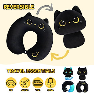 Kids Travel Pillow, 2 in 1 Deformable Kids Neck Pillow with U-Shaped Pillow & Cute Black Cat Animal Reversible Plush Toy for Airplane, Car, Train