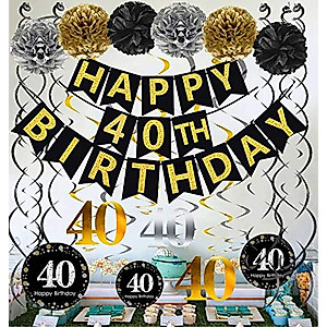 Famoby Gold Glittery Happy 40th Birthday Banner,Poms,Sparkling 40 Hanging Swirls Kit for 40th Birthday Party 40th Anniversary Decorations