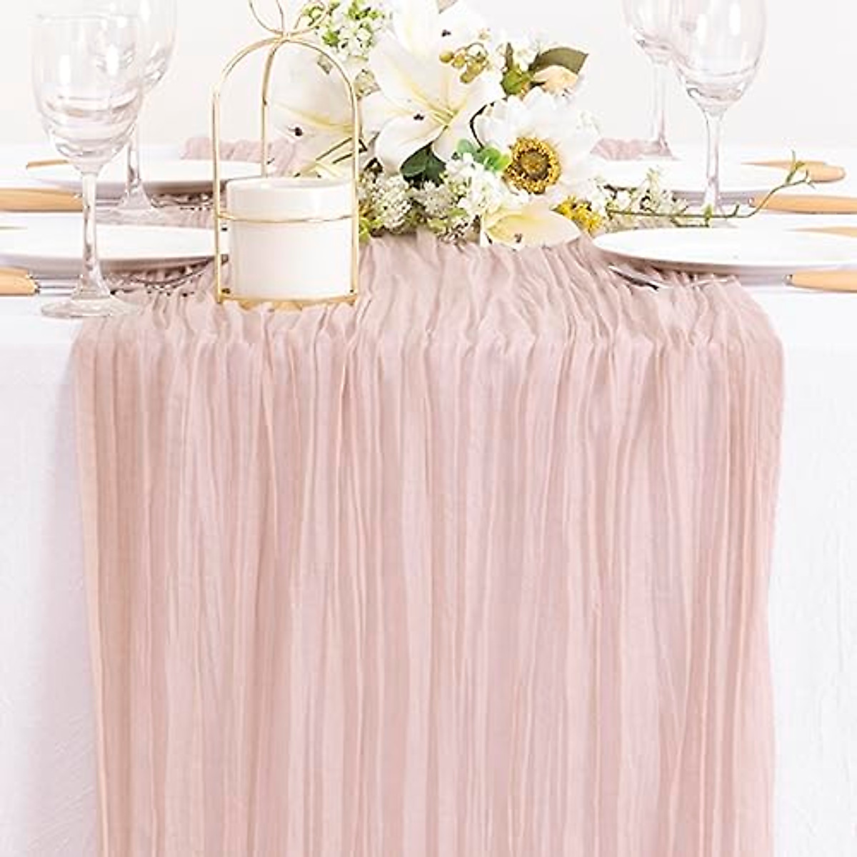 MLMC 10ft Dusty Pink Cheesecloth Table Runner 35x120 Inches Rustic Wrinkled Gauze Boho Table Runner for Bridal Shower Birthday Reception Decor