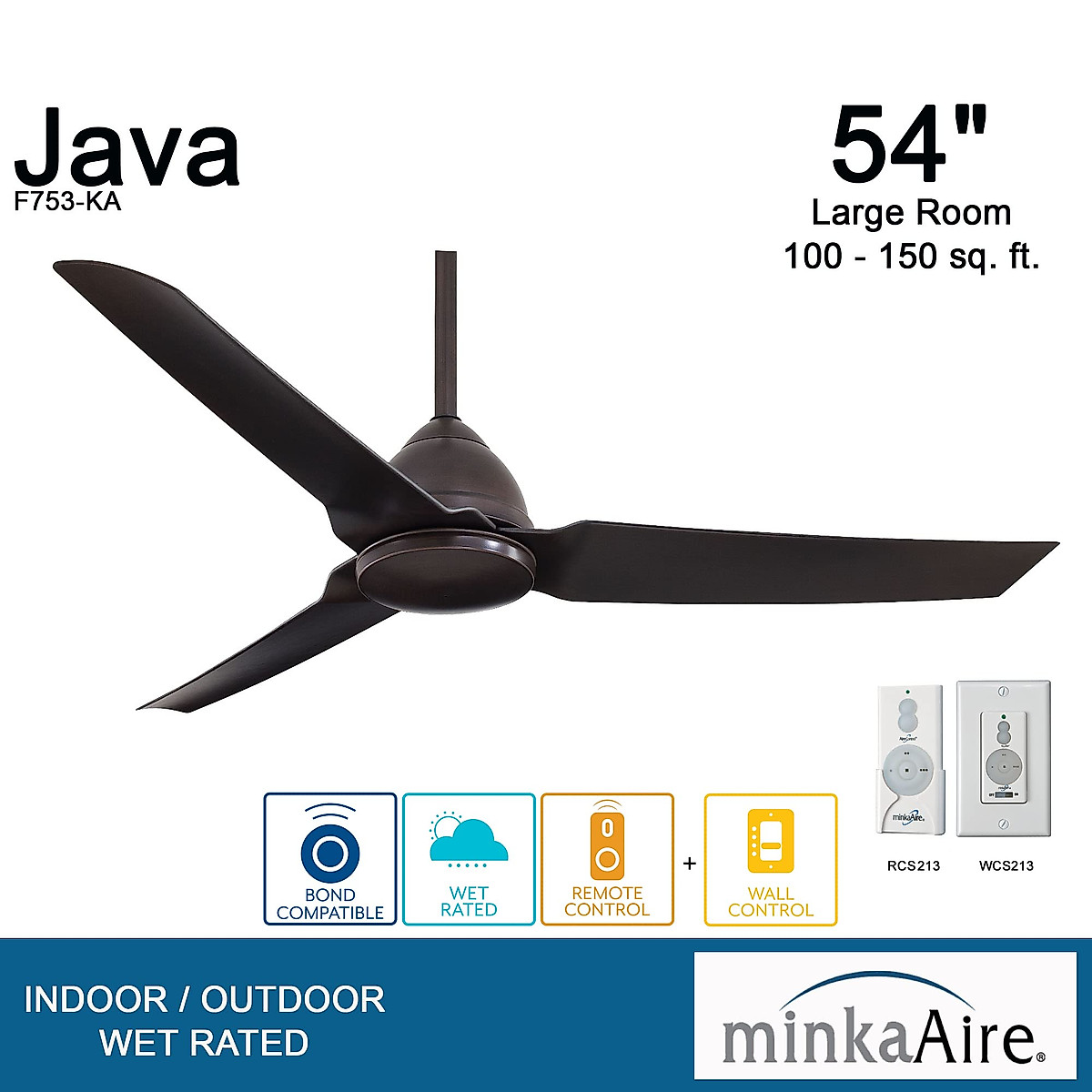 MINKA-AIRE F753-KA, Java Kocoa 54" Outdoor Ceiling Fan with Remote and Additional Wall Control