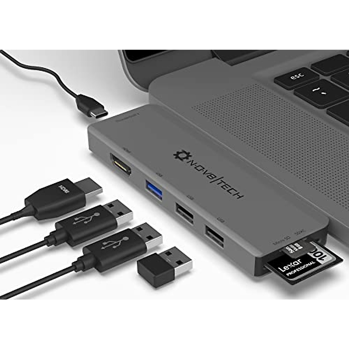 NOV8Tech USB C Hub – Multiport Adapter for MacBook Pro/Air – 7 in 2 USB C Docking Station - Thunderbolt hub – HDMI to USB C Dongle – SD Card Reader for Mac (Space Gray)