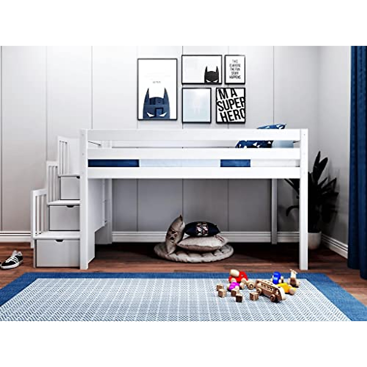 JACKPOT! Contemporary Low Loft Twin Bed with Stairway, Loft Bed, White