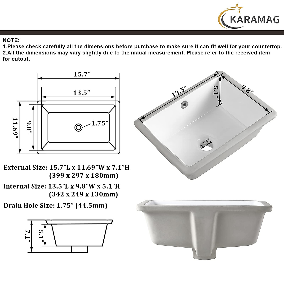 16 Inch Undermount Bathroom Sink Small Rectangle Undermount Sink White Ceramic Under Counter Bathroom Sink with Overflow (15.70"x11.69")