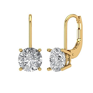 Clara Pucci 3.1 ct Brilliant Round Cut Solitaire VVS1 Moissanite Pair of Lever back Drop Dangle Earrings Solid 18K Yellow Gold
