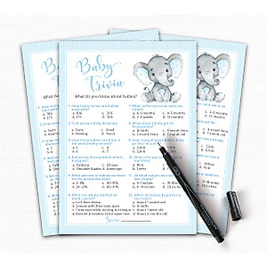 BLUE ELEPHANT Baby Shower Game — BABY TRIVIA Games — Pack of 25 — BOY Baby Shower Games, Fun Baby Facts Games, Baby Boy Shower Activity, Blue Polka Dot Baby Elephant Baby Shower Games, SKU G501-TRV