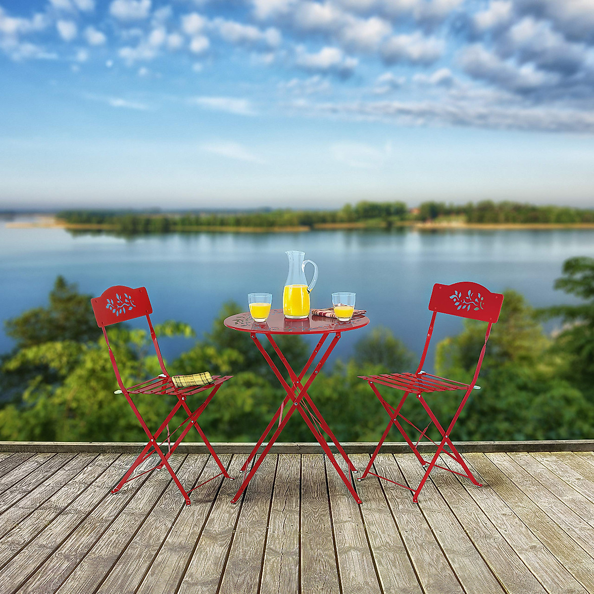 Alpine Corporation MSY100A-RD Bistro Set, Table: 24" L x 24" W x 28" H Chair: 17" L 18" W x 33" H, Red