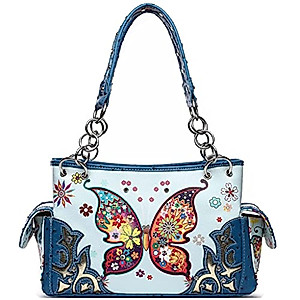 Butterfly Floral Western Purse Country Handbag Women Shoulder Bag Crossbody Wallet Card Holder 4 PCS Set (#2 Blue)