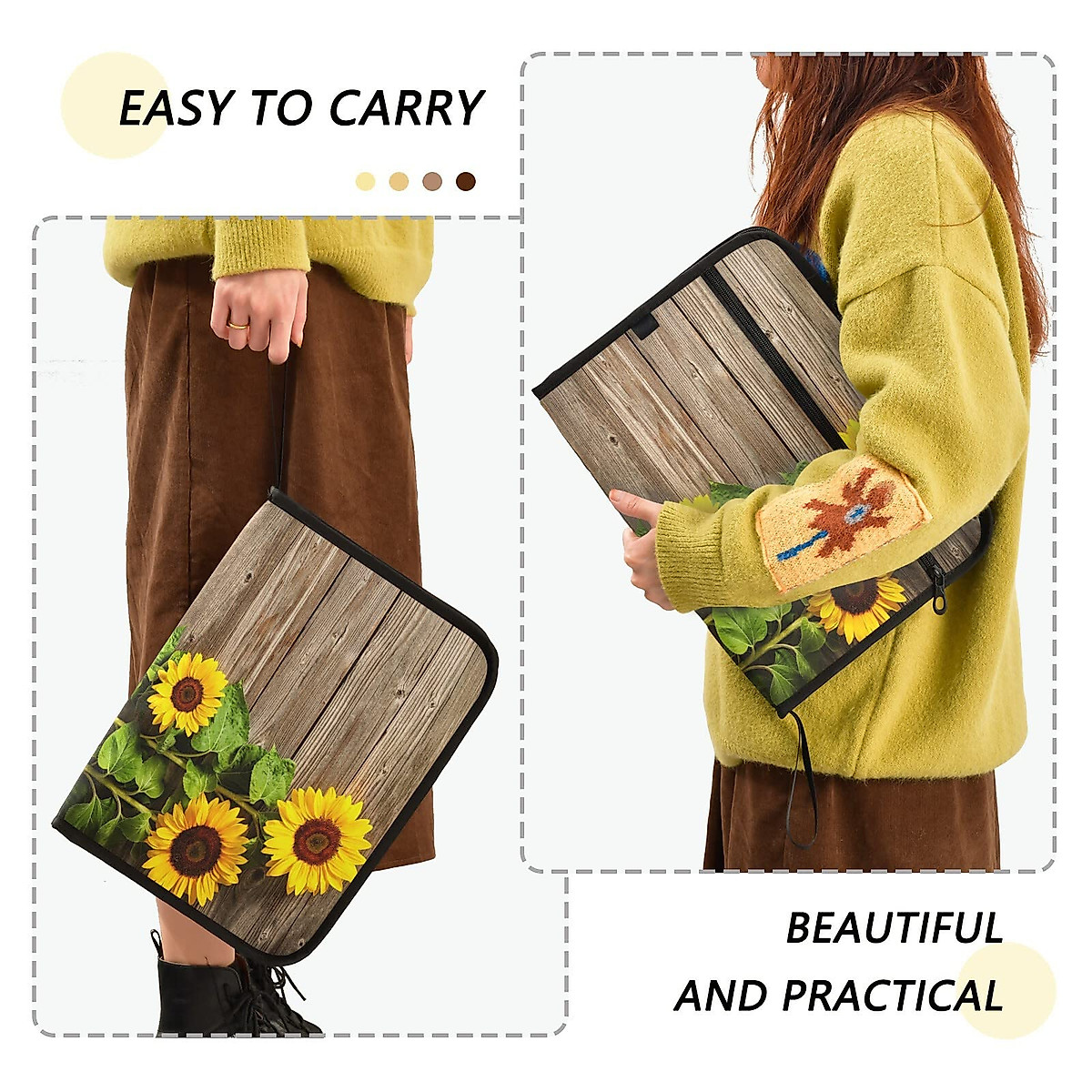 VIGTRO Summer Sunflowers Wooden 13 Pocket Expanding File Folder Waterproof with Sticky Labels, Summer Flowers Letter A4 Paper Accordion Document Organizer with Zipper for Office and Classroom