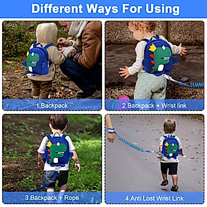 Accmor Toddler Harness Backpack with Leash, 4 in 1 Kid Dinosaur Backpacks with Anti Lost Wrist Link, Child Harnesses Leashes for Walking, Cute Toddler Back Pack Rope Tether for Boys Girls(Blue)