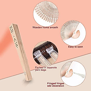 Merkaunis 50 PCS Wooden Folding Fans Wedding Fans Chinese wooden Fan with Tassel Hand Held Folding Fans Hollow Pattern for Women Foldable Wedding Gifts Baby Shower Party Favor and Home Decorations