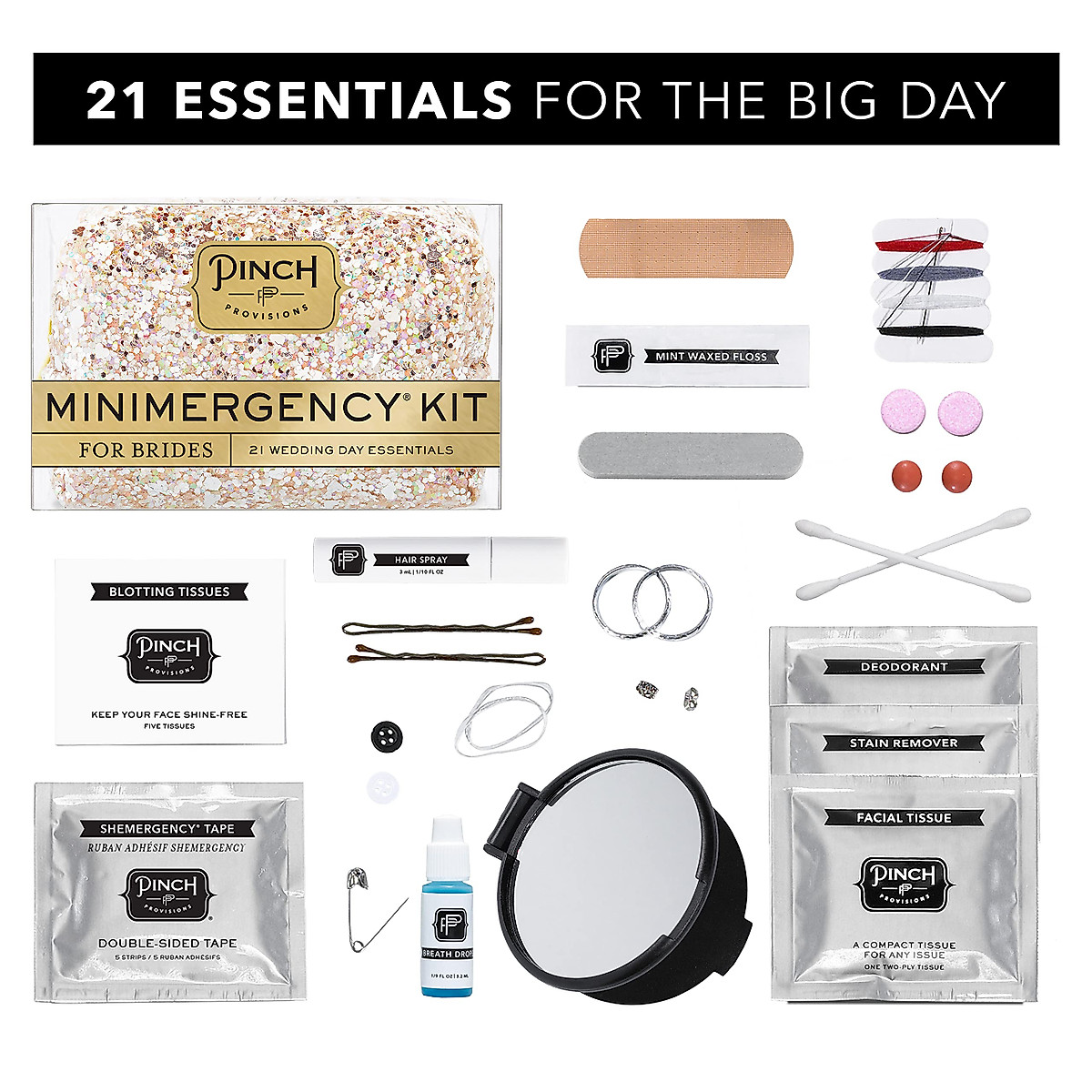 Pinch Provisions Minimergency Kit for Brides, Pink Diamond, Includes 21 Must-Have Emergency Essential Items for Your Big Wedding Day, Compact, Multi-Functional Zipper Pouch, Perfect Survival Kit Gift