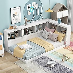 Modern Twin Size Daybed with Storage Cabinets and USB Ports, Wood Platform Bed Frame with L-Shaped Bookcases, Low Floor Bed Daybed for Kids Teens Boys Girls Bedroom (White 078)