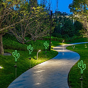 SVEIKS Solar Cactus Garden Stake Lights, Green Cacti Lighting Solar Pathway Lights Outdoor Waterproof LED Neon Strip for Courtyard Patio Lawn Flowerbed Landscape, 30" Tall (2 Pack)