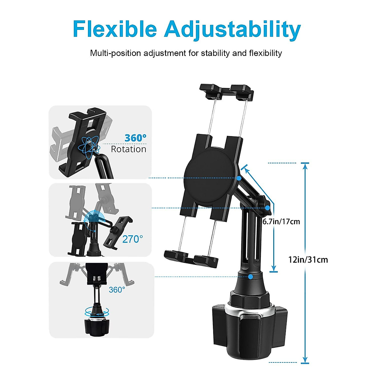 Cup Holder Tablet Mount, woleyi Car/Truck Cupholder Tablet Holder Stand with Adjustable Arm, Compatible with iPad Pro/Air/Mini, Galaxy Tab/Z Fold, Fire HD, iPhone, More 4.7-13" Cell Phones and Tablets