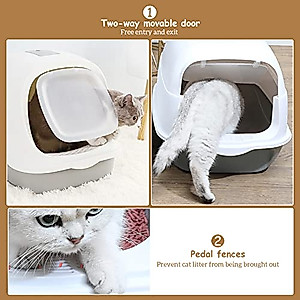 BNOSDM Cat Litter Box with Lid Plastic Cat Litter Boxes Enclosed Anti-Splshing Standard Kitten Toilet with Door and Pedal for Indoor Kitty(Grey Band Spoon)