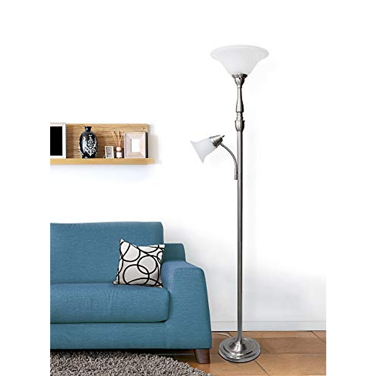 Elegant Designs LF2003-BSN 2 Light Mother Daughter White Marble Glass Floor Lamp, Brushed Nickel